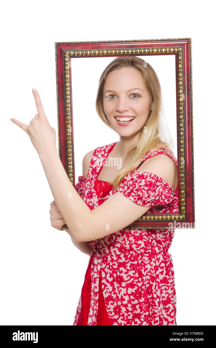 Woman holding picture frame isolated on white Stock Photo - Alamy