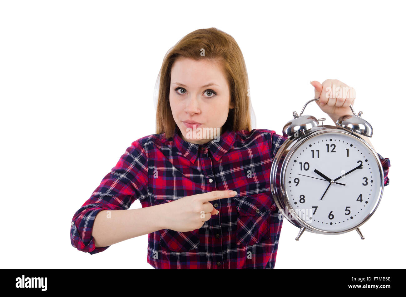 Woman with clock isolated on white Stock Photo - Alamy