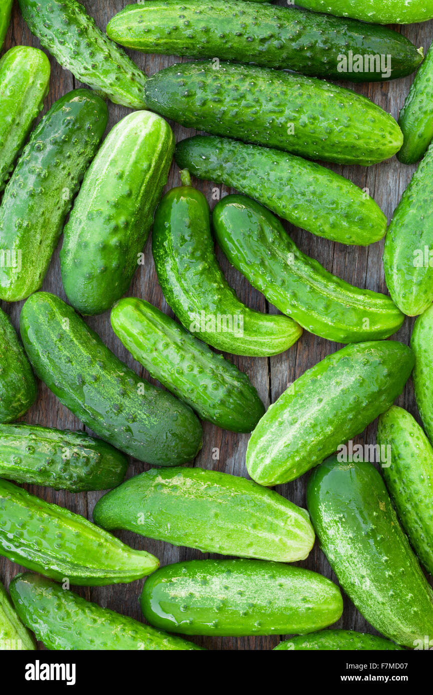 Ripe cucumbers texture on wooden garden table Stock Photo - Alamy