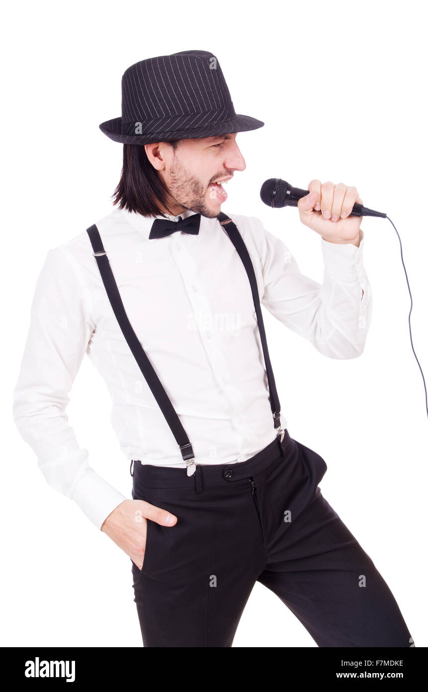Funny man singing isolated on the white Stock Photo - Alamy