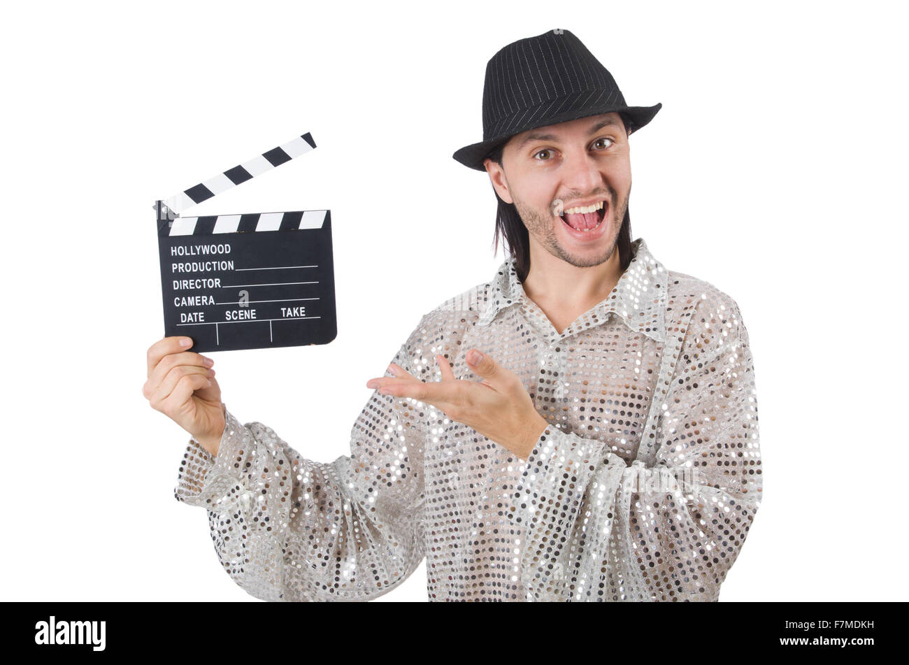 Man with movie clapperboard and hat Stock Photo - Alamy