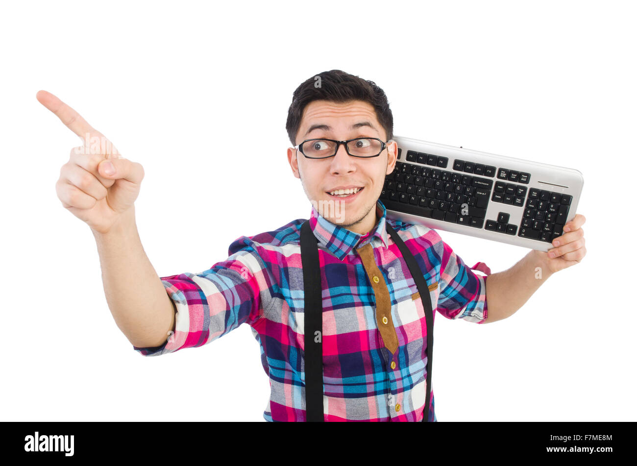 Computer nerd with keyboard isolated on white Stock Photo - Alamy
