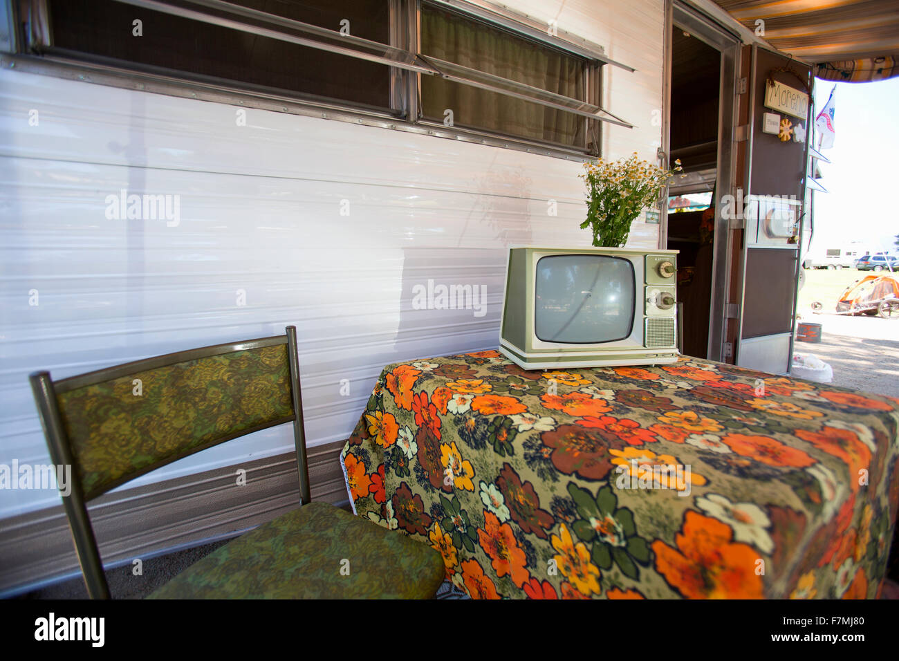 Exterior view of old TV and trailer at Vintage Trailers and Campers ...