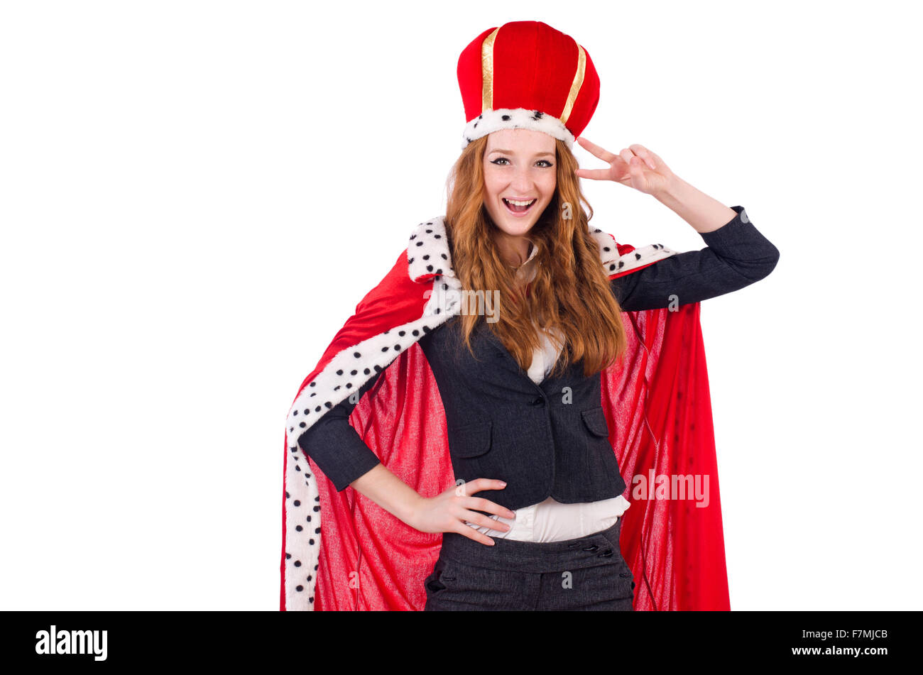 Woman business posing as queen isolated on white Stock Photo - Alamy