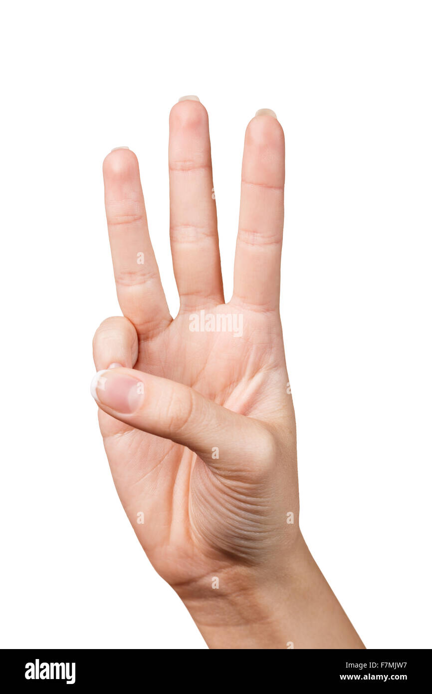 Hand signal. Three fingers. Isolated on white Stock Photo - Alamy