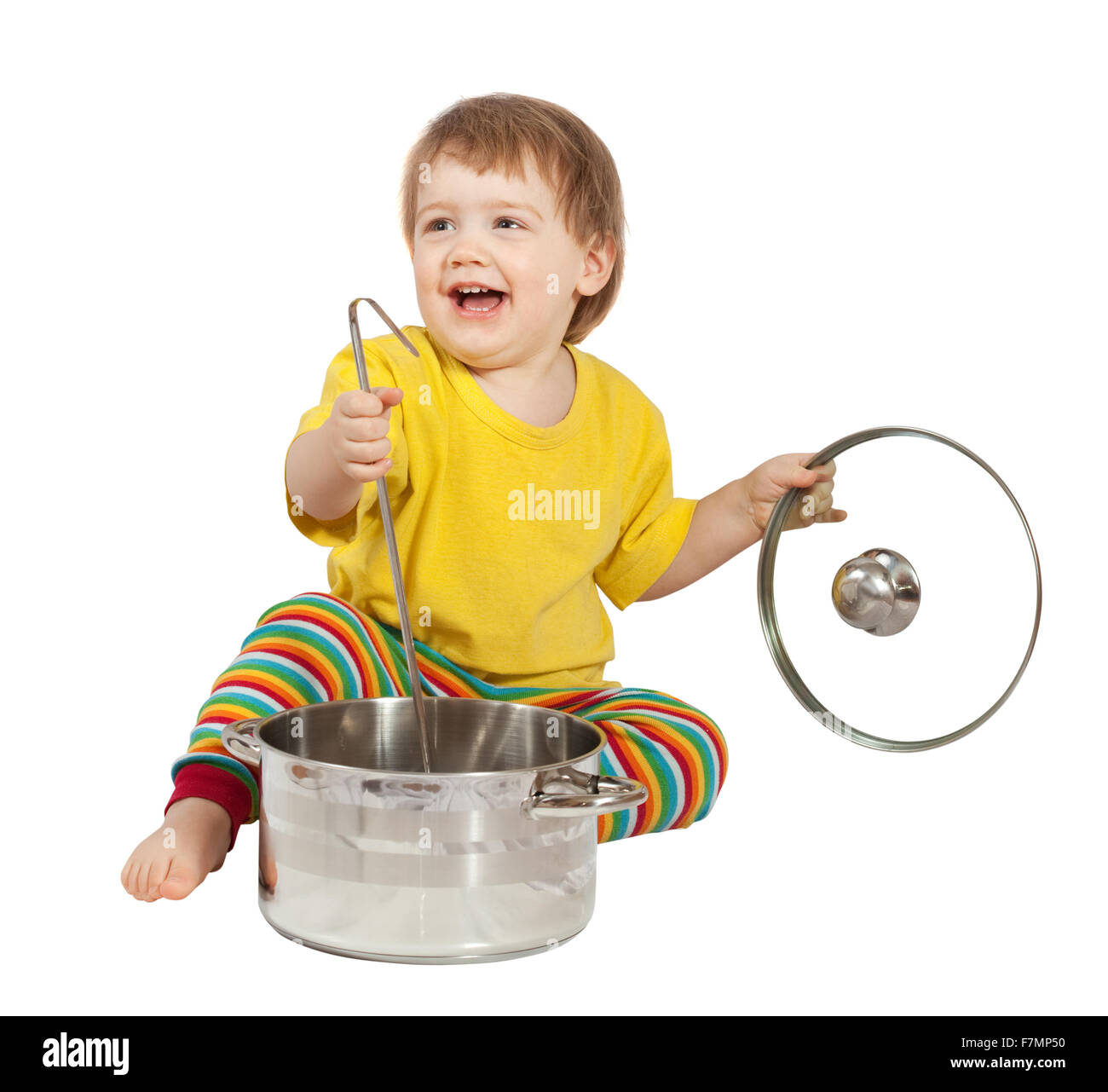 Baby cook with pan. Isolated over white background Stock Photo - Alamy