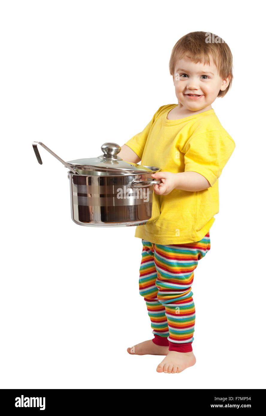 Baby cook with pan. Isolated over white background Stock Photo - Alamy