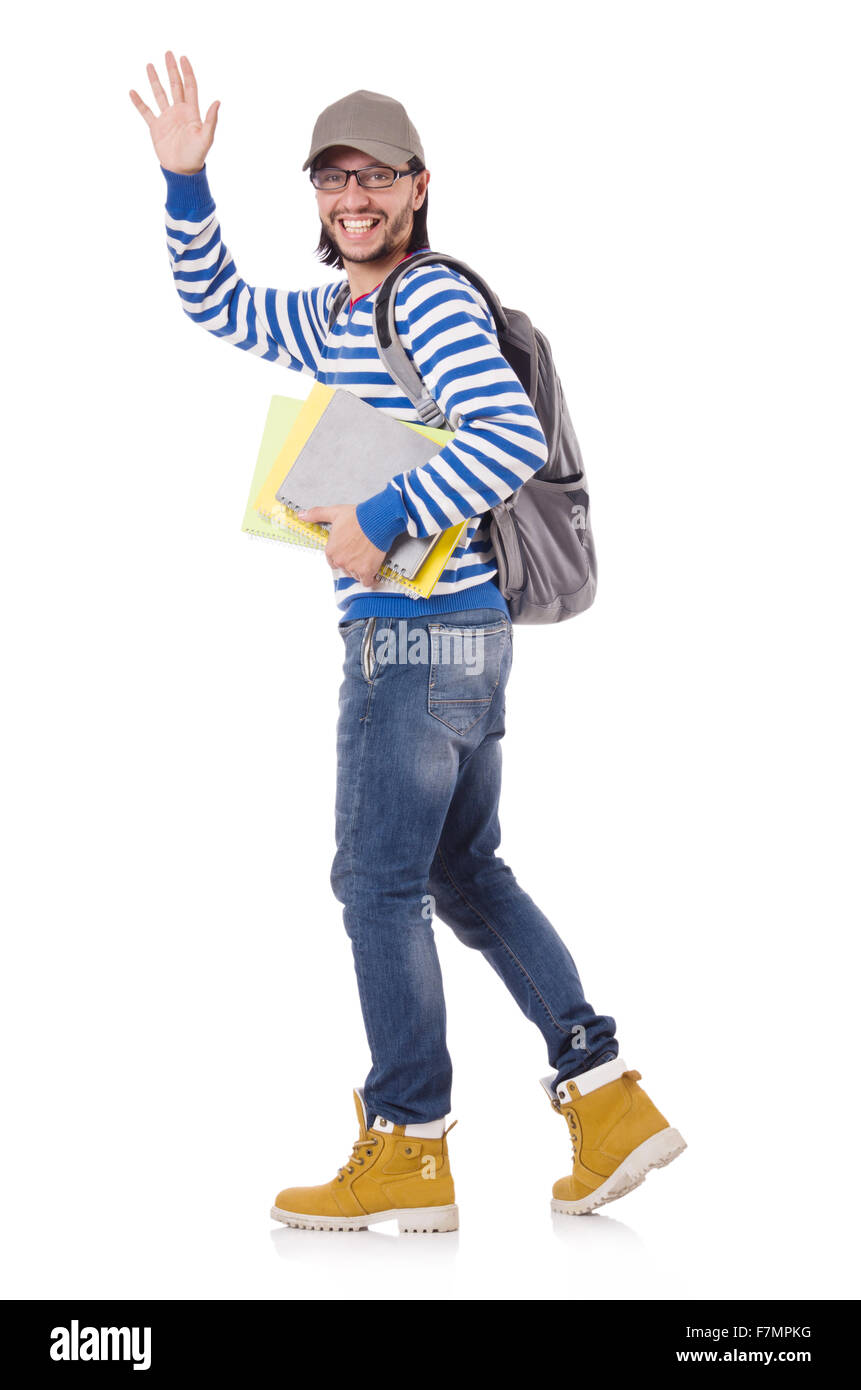 Student rushing to the lesson isolated on white Stock Photo - Alamy