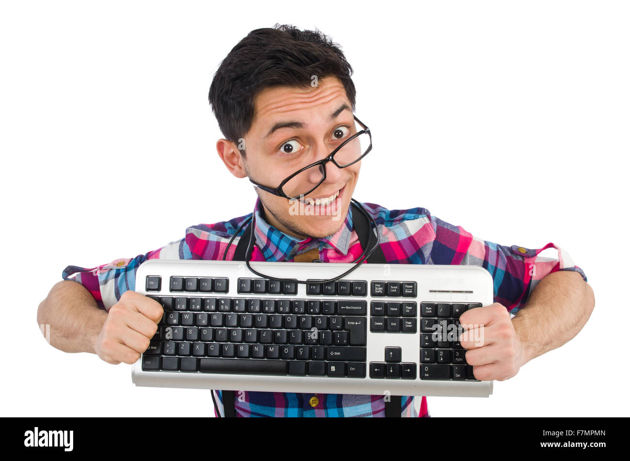 Computer nerd with keyboard isolated on white Stock Photo - Alamy