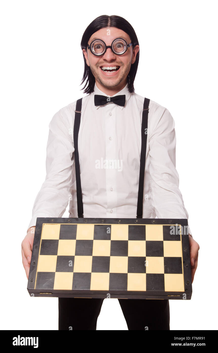 Nerd chess player isolated on white Stock Photo - Alamy