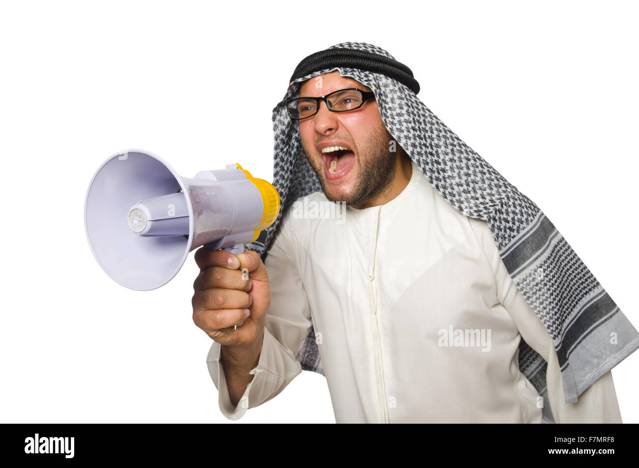 Arab man with loudspeaker isolated on white Stock Photo - Alamy
