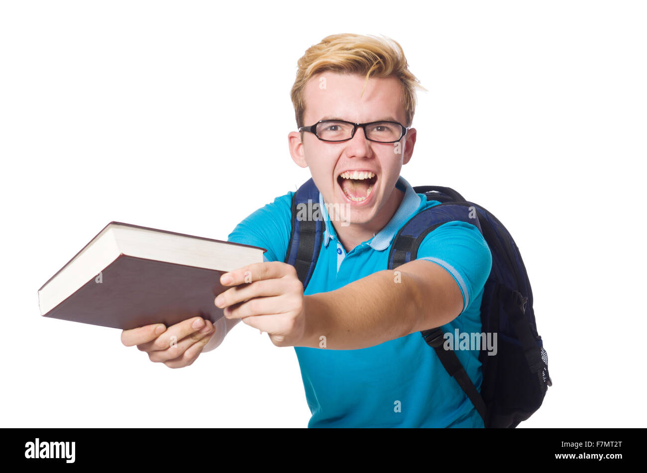 Angry student with books isolated on white Stock Photo - Alamy