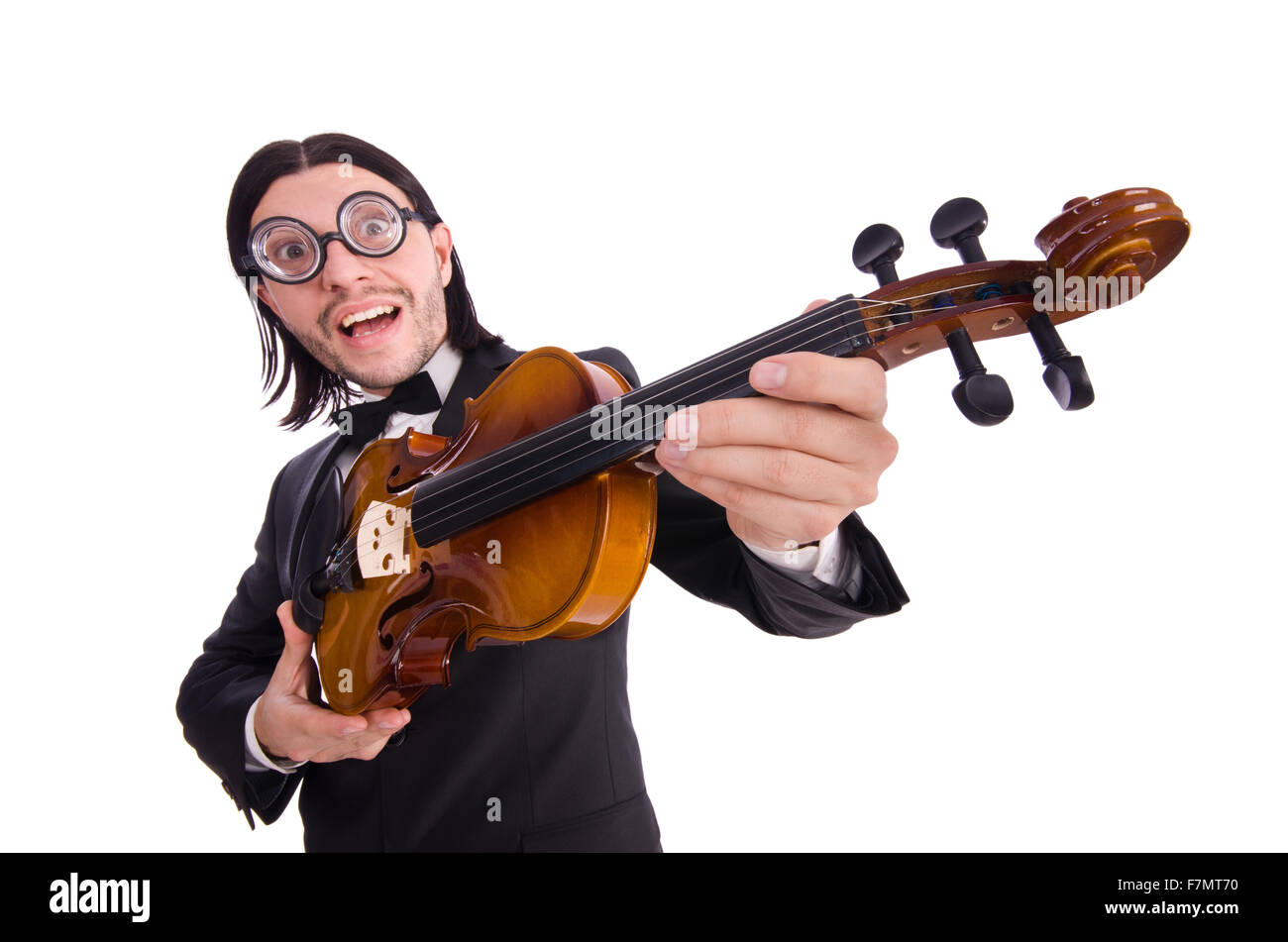 Funny man with music instrument on white Stock Photo - Alamy