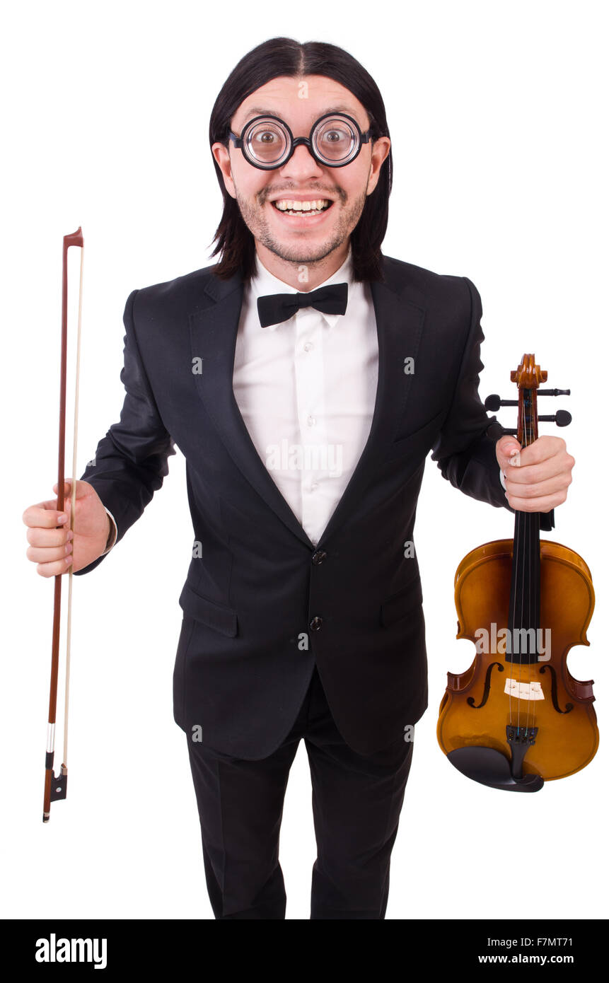 Funny man with music instrument on white Stock Photo - Alamy