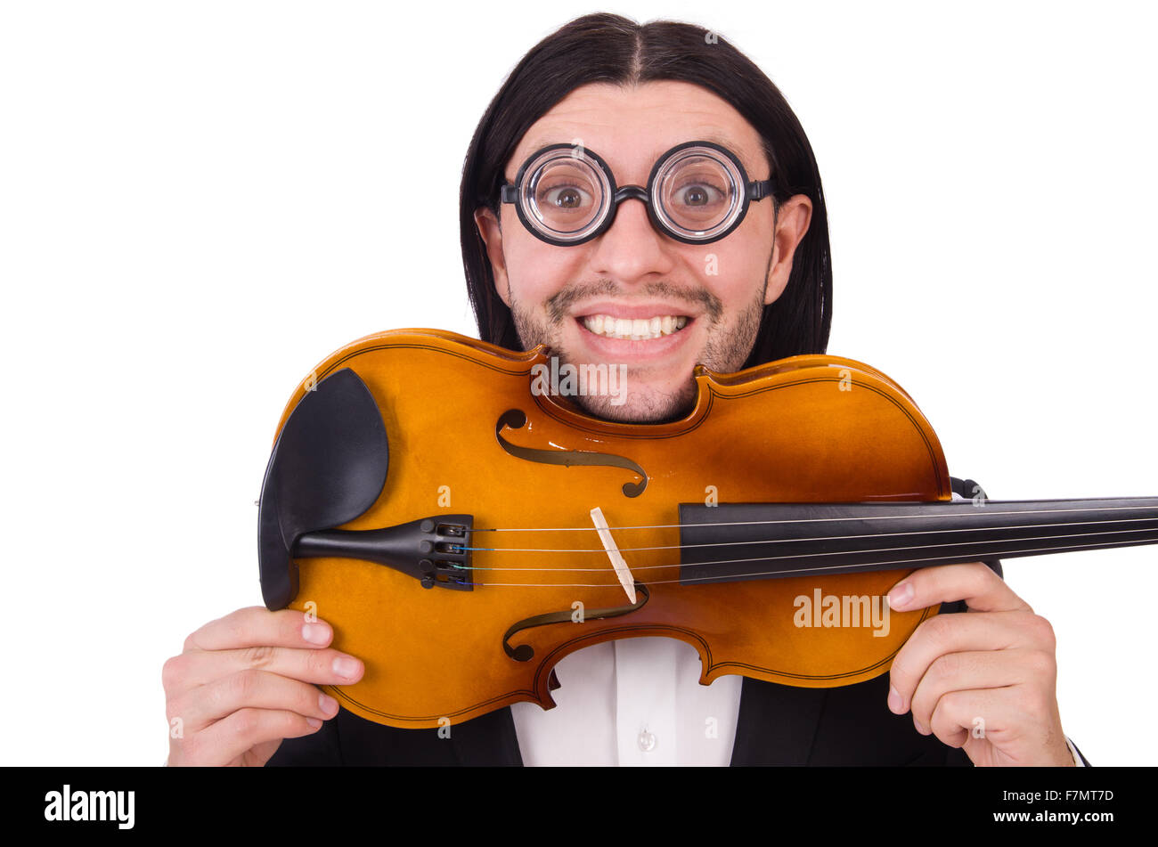 Funny man with music instrument on white Stock Photo - Alamy