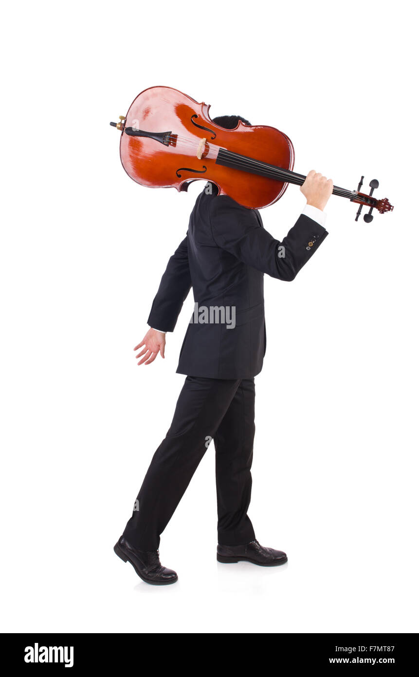 Funny man with music instrument on white Stock Photo - Alamy