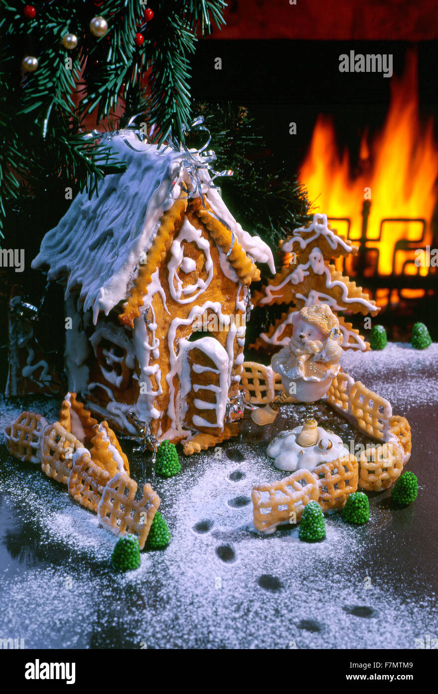 Festive New Year's, Christmas still life with a gingerbread lodge and a ...