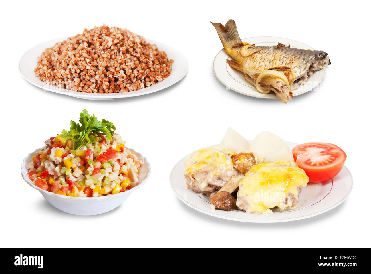 Set of four plates with food over white background Stock Photo - Alamy