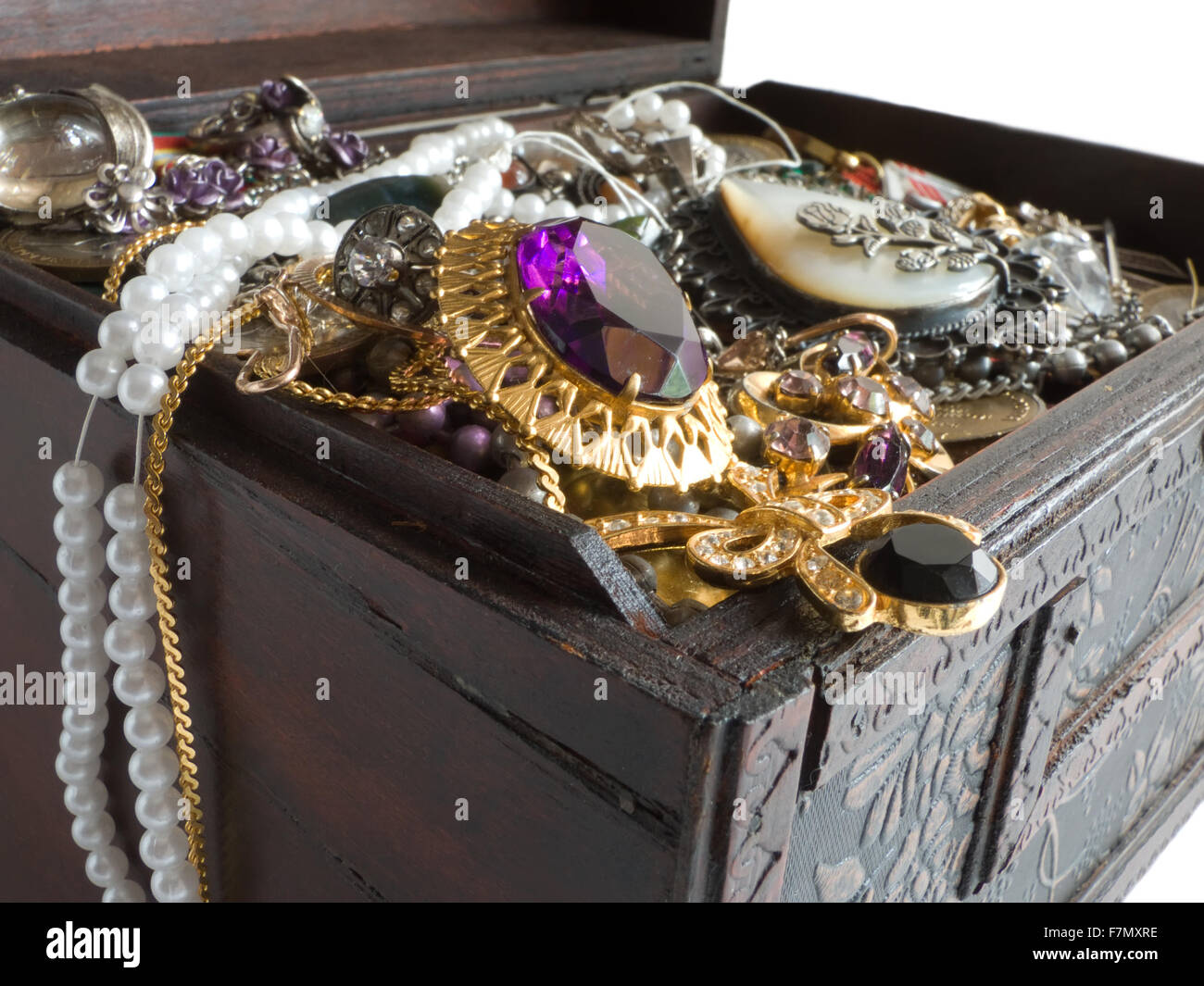 Wooden treasure chest with valuables,clipping path Stock Photo - Alamy
