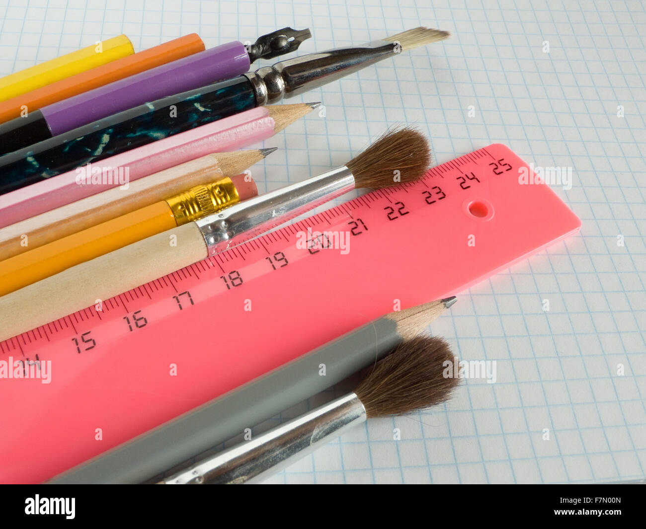 school supplies on squared sheet of a copybook Stock Photo - Alamy