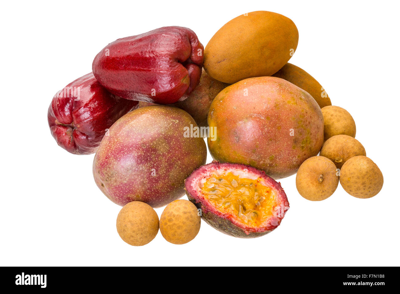 Thai fruits - Sapodilla, maracuya, longan, chompoo Stock Photo - Alamy