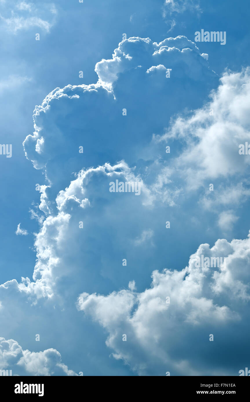 Fluffy cloud detail in sunlight with highlight along the edge and blue ...