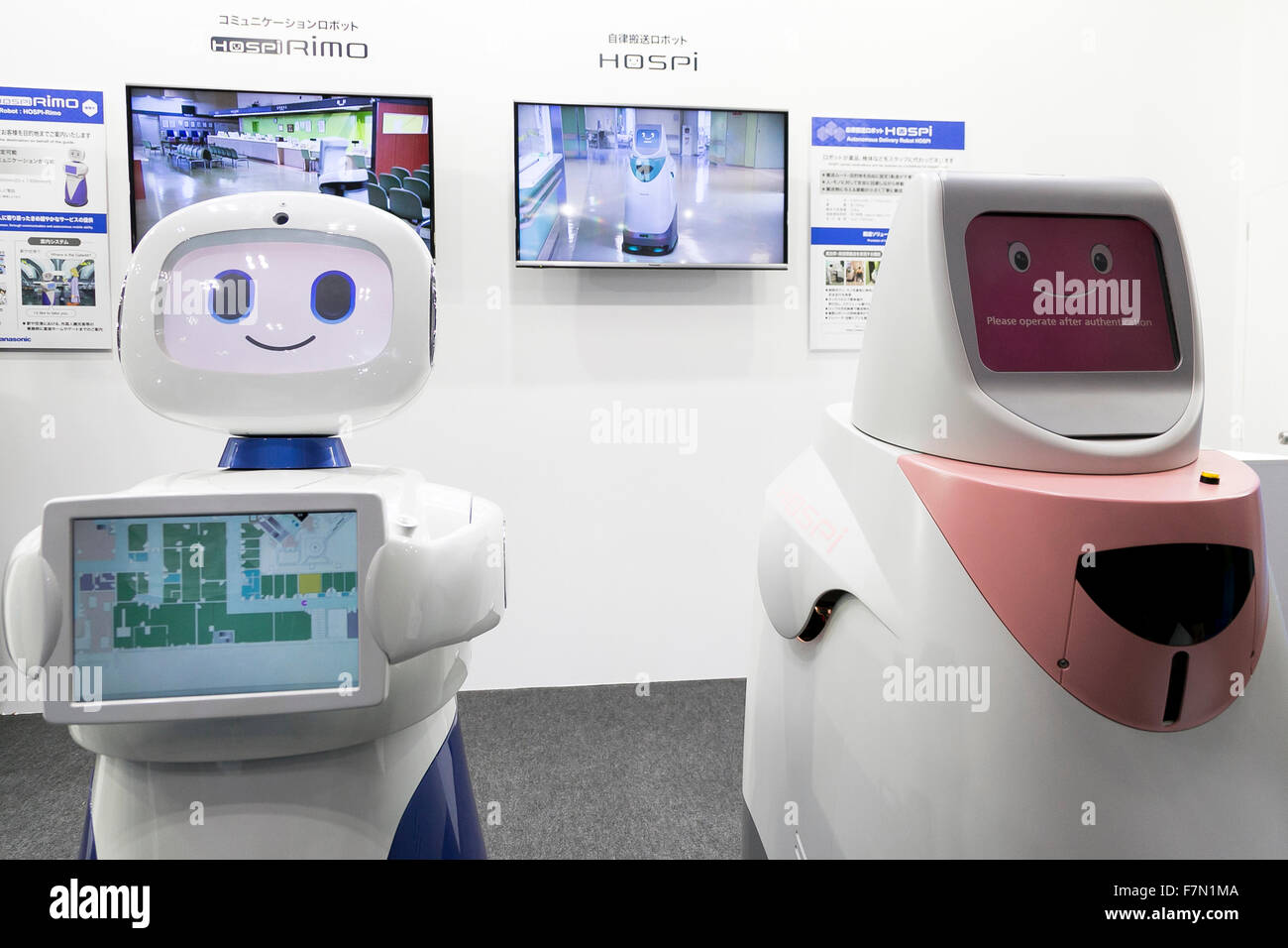 (L to R) Panasonic's Hospi Rimo and Hospi robots on display at the ...