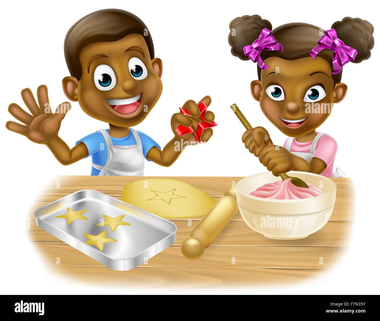 A cartoon black boy and girl children dressed as bakers baking cakes ...
