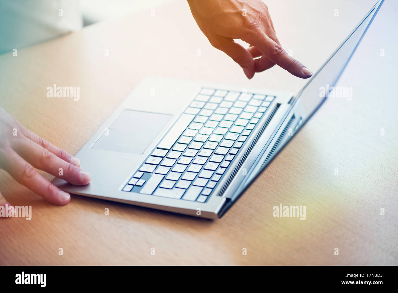 Salesperson showing laptop computer to shopper Stock Photo - Alamy
