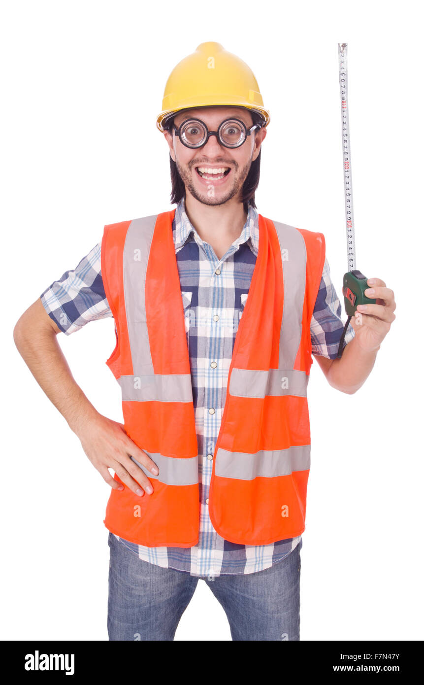 Funny constructon worker with tape-line isolated on white Stock Photo ...