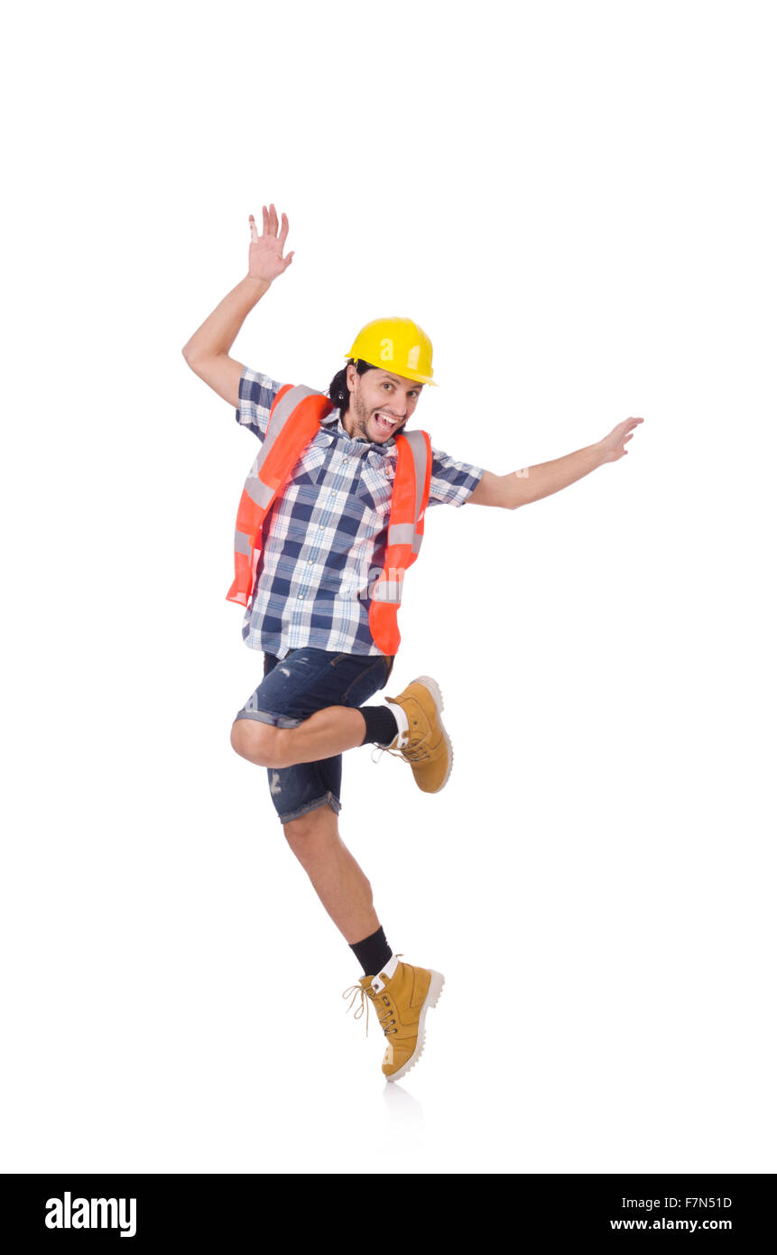 Funny dancing young construction worker isolated on white Stock Photo ...