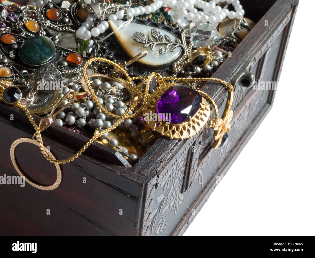 Wooden treasure chest with valuables,clipping path Stock Photo - Alamy