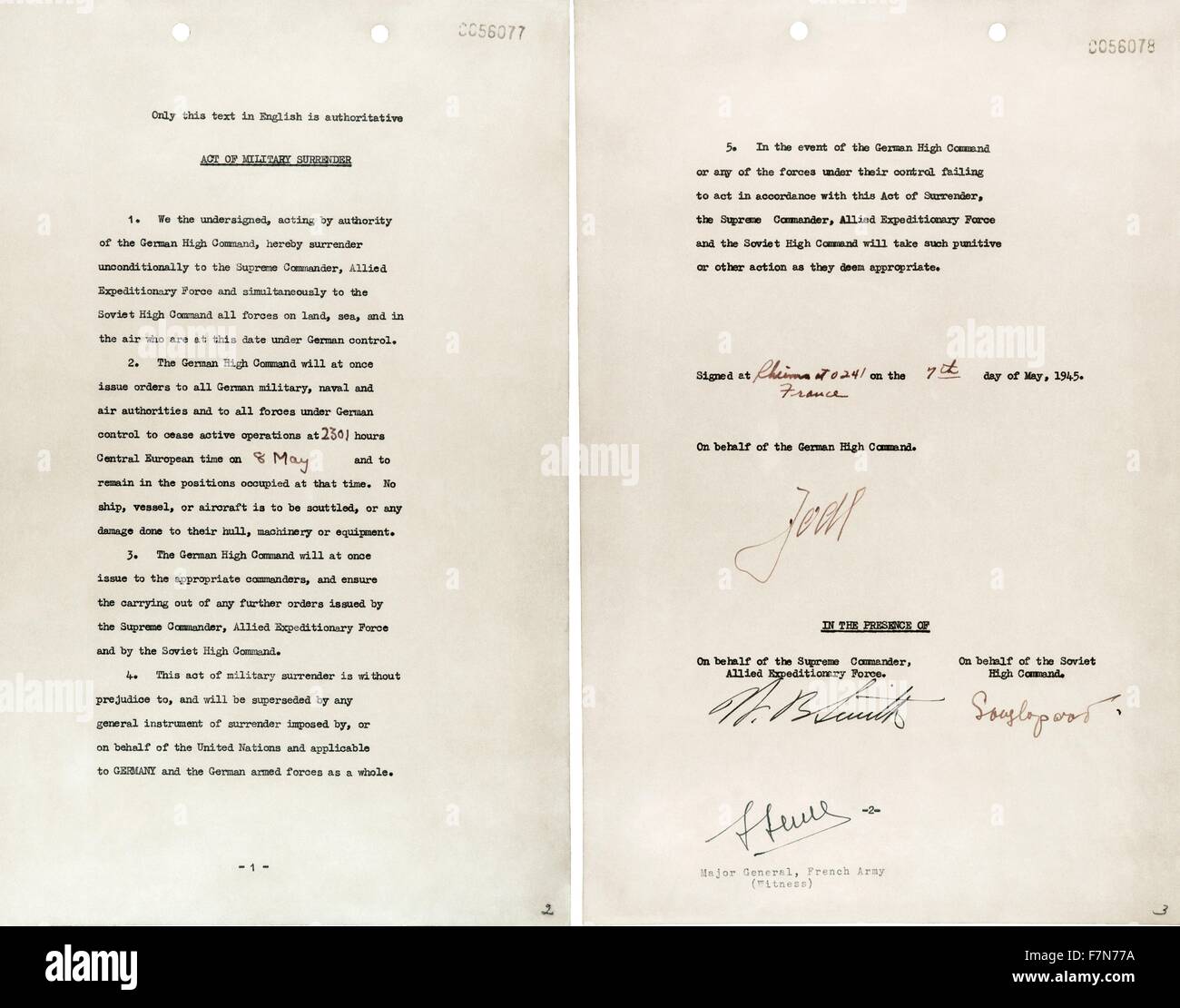 The document marking Germany's surrender signed at Reims, France on 7 ...