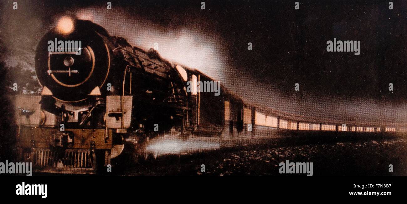 Hand-coloured photograph of the 'Blue Train'. The train ran between ...