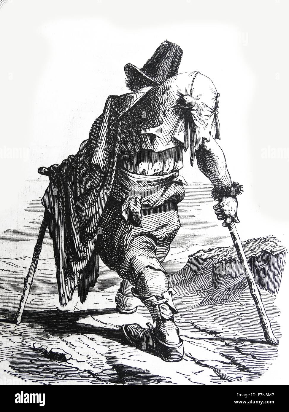 Illustration depicting a cripple using his crutches to walk. Dated 1800 ...