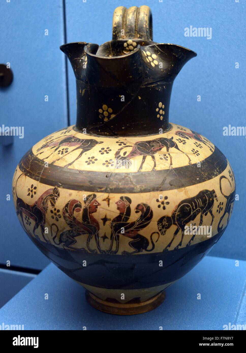 Vessel used as a wine pitcher decorated with animal friezes, including ...