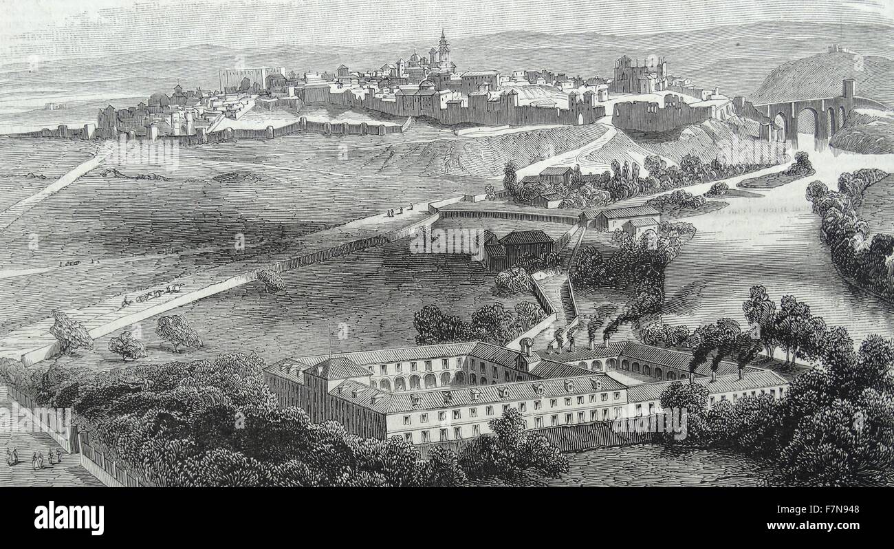 Illustration of an aerial view of a Factory in France. Dated 1863 Stock ...