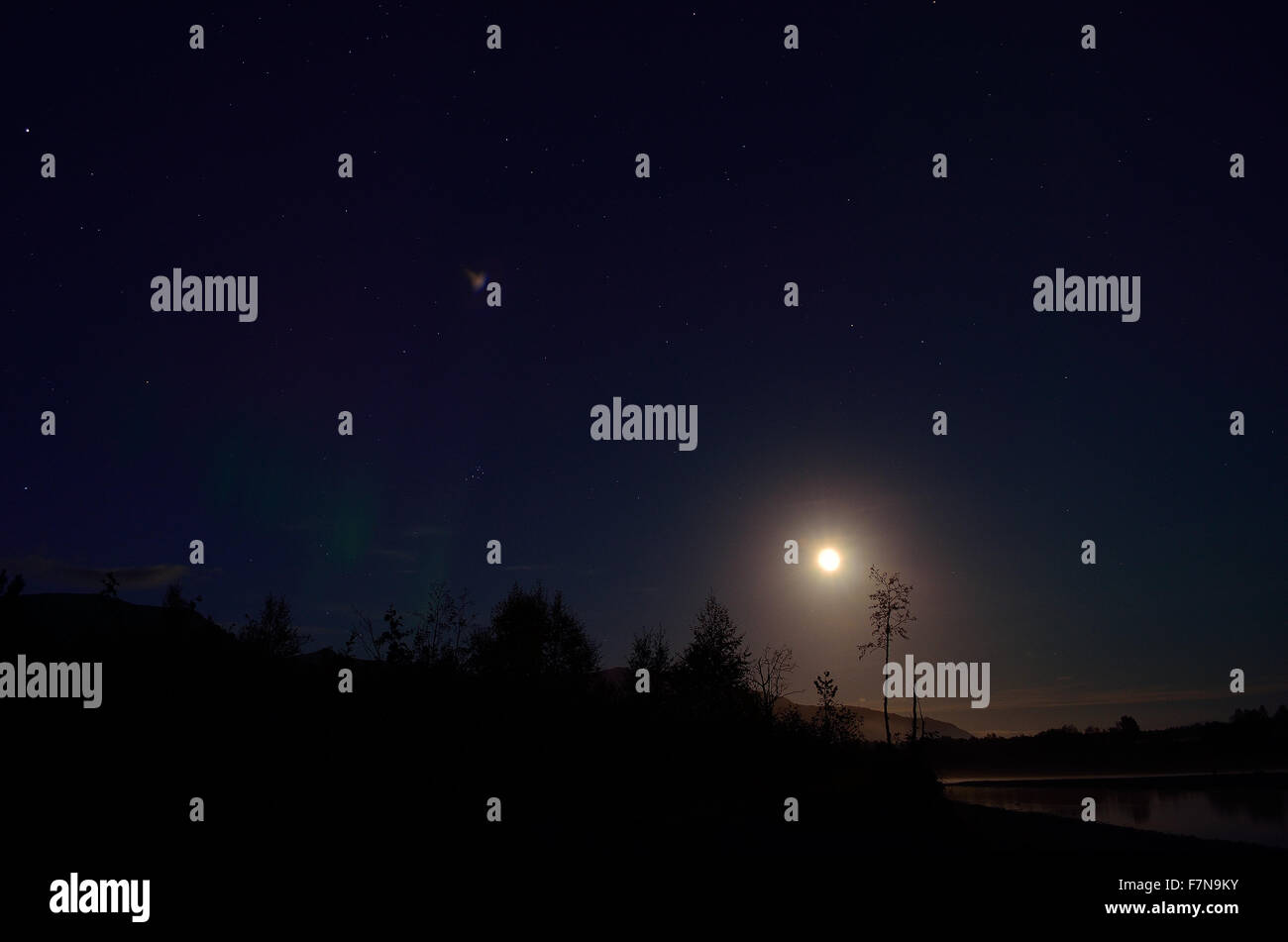 full moon river landscape at night with cold mist over water Stock ...