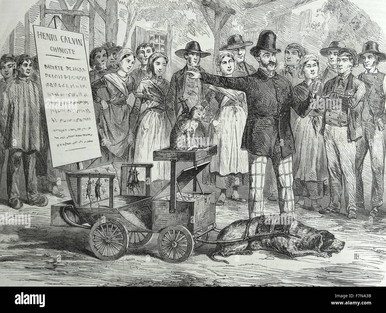 Engraving depicting a merchant promoting his cat, killer of rats. Dated ...