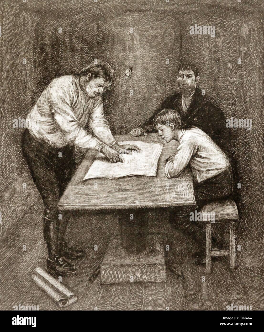 Illustration from a book depicting the Captain, Mr Slimon and the young ...