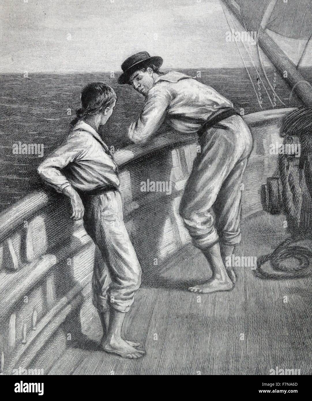 Illustration from a book depicting a young boy talking with a crew ...