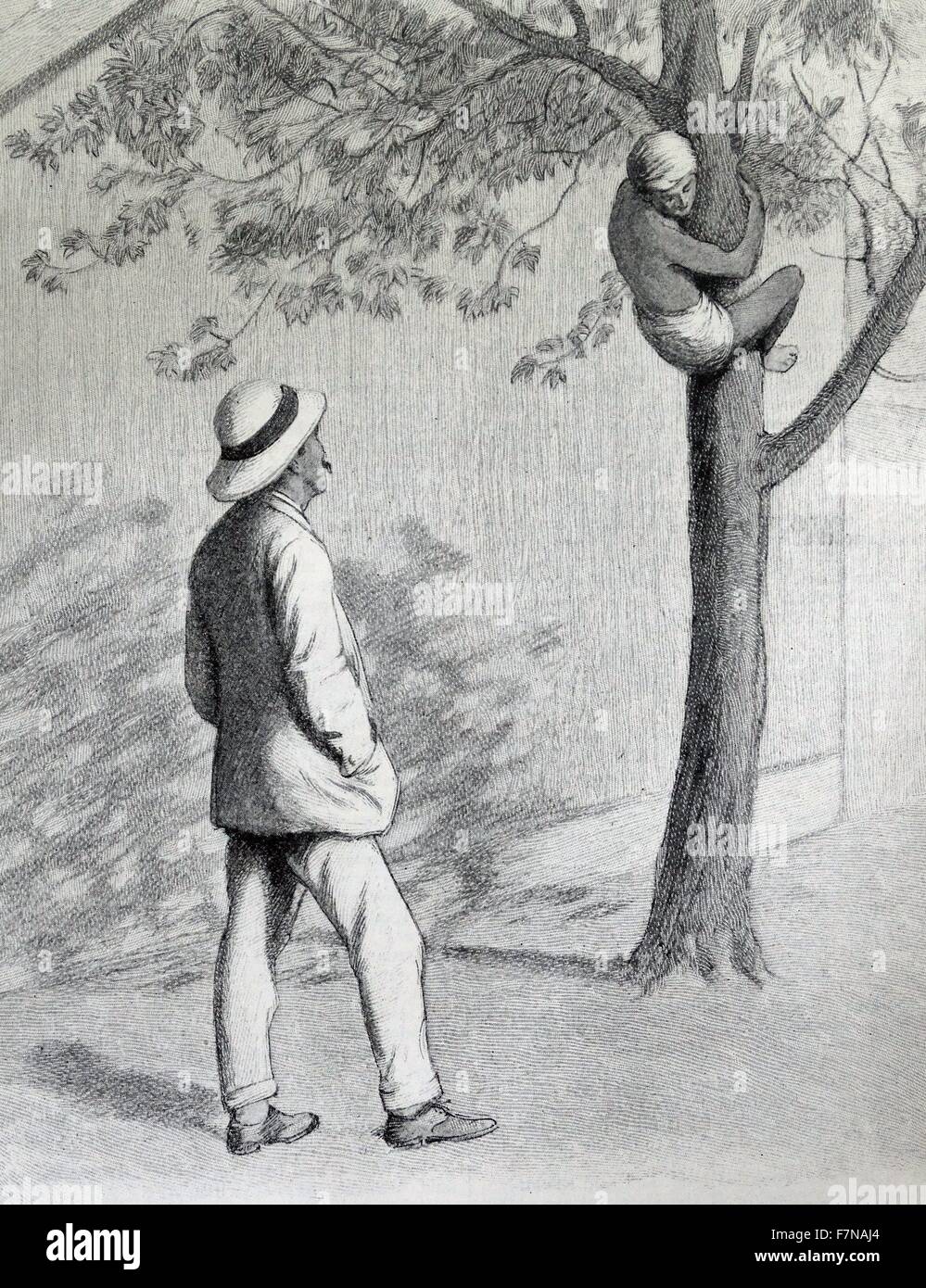 Illustration from a book depicting a boy sliding down a tree in front ...