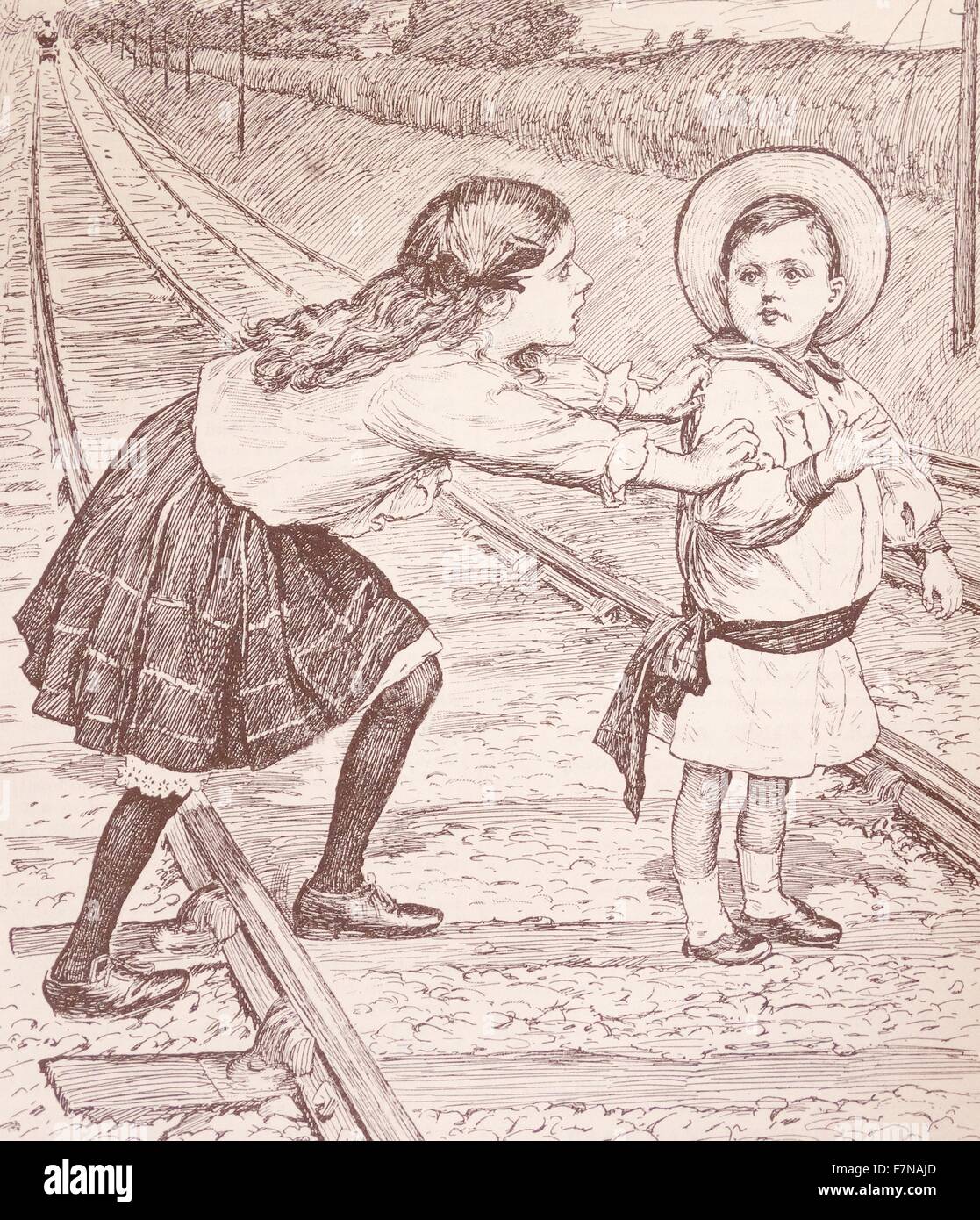 Illustration from a book depicting a young girl saving her brother from ...