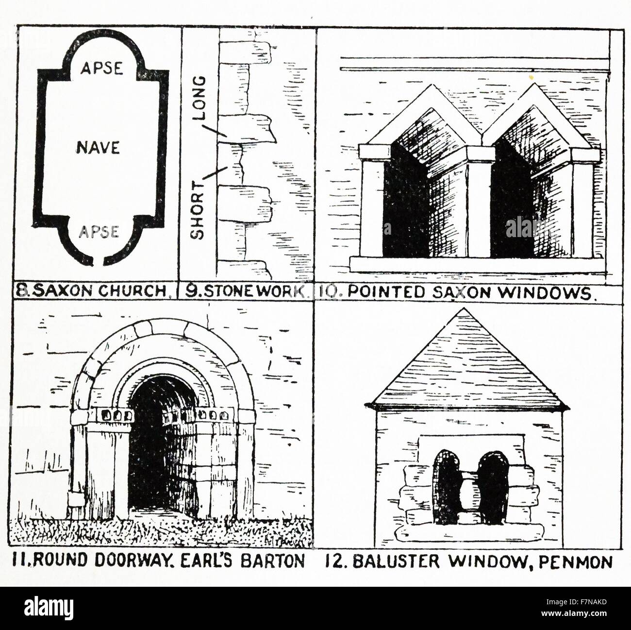 Illustration from a book depicting Saxon architecture including pointed ...