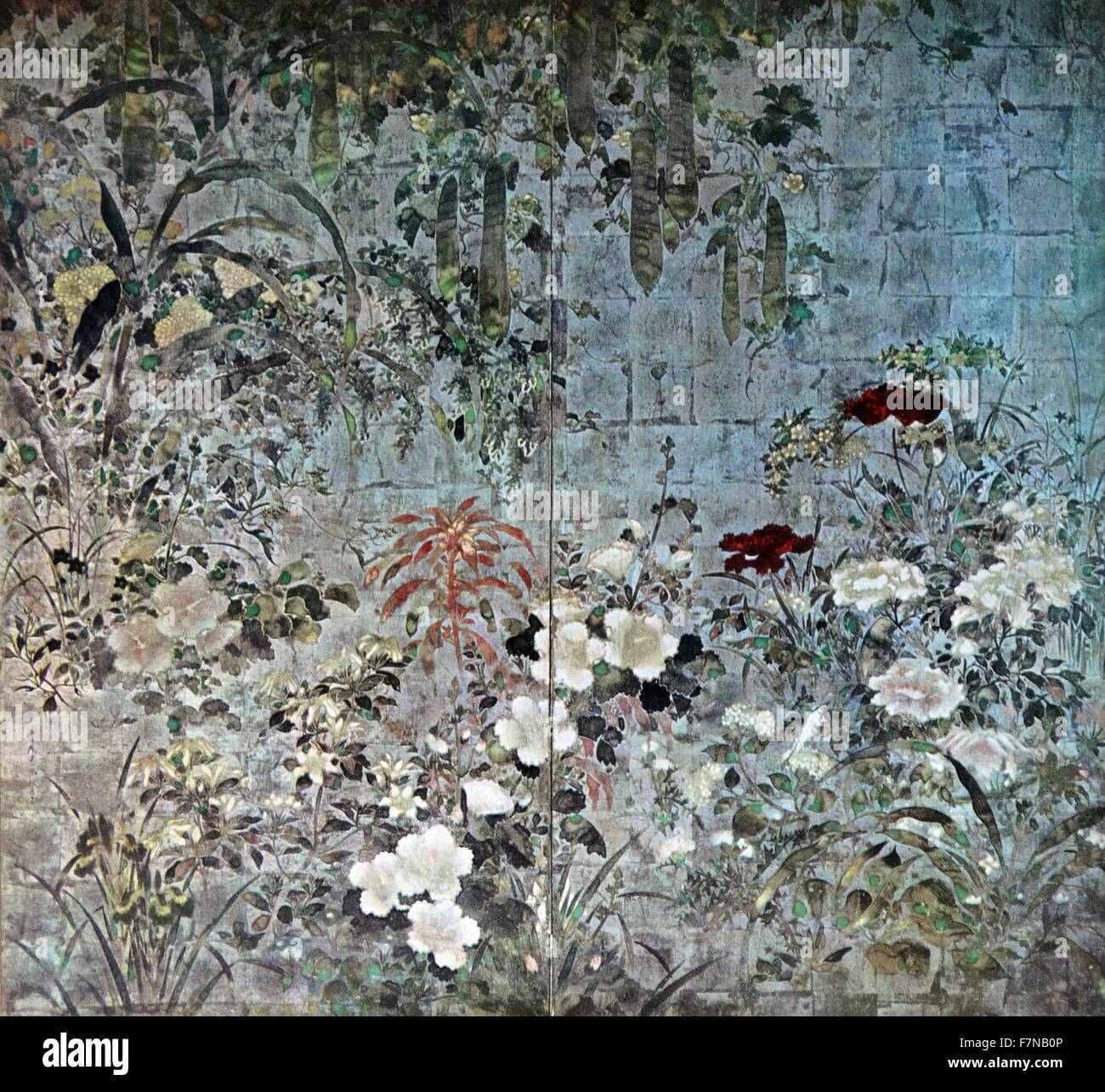 scene showing a tree with pods as well as flowers; two panels from a ...