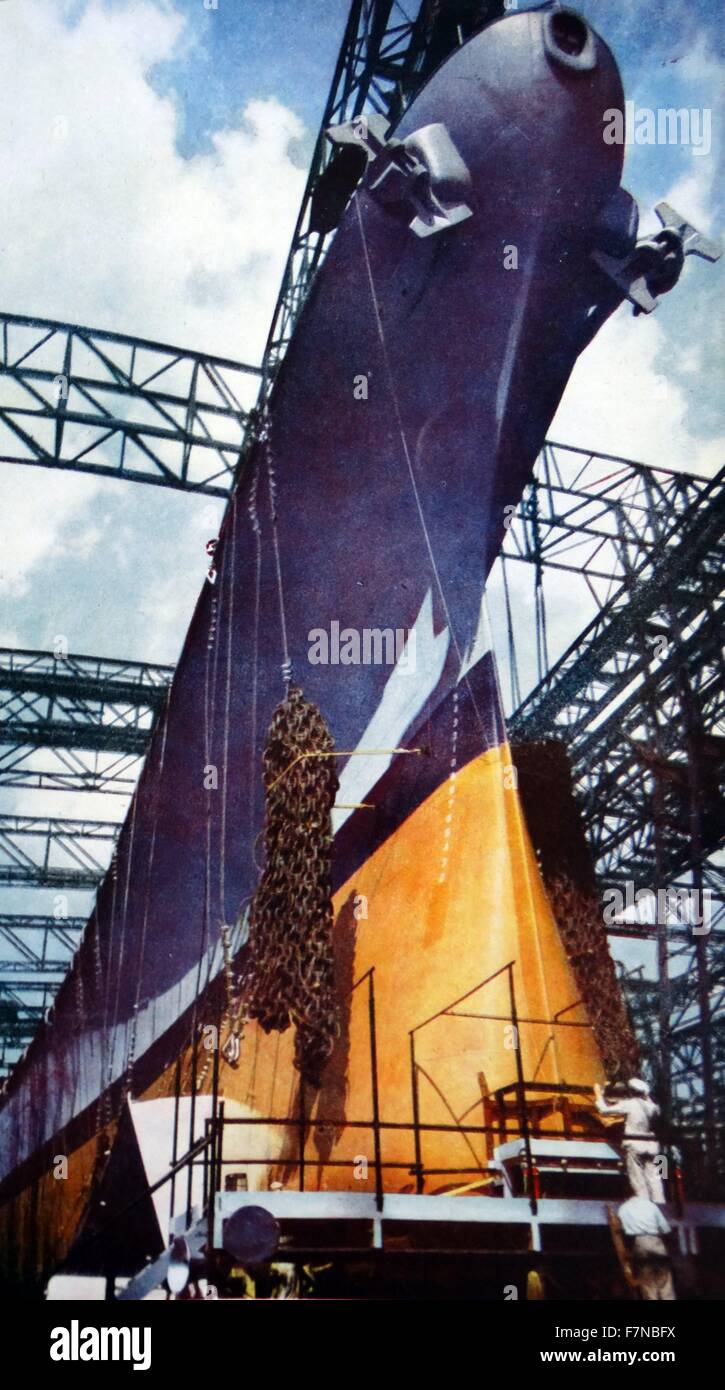 Colour photograph of the launch of U.S.S. Iowa an American battleship ...