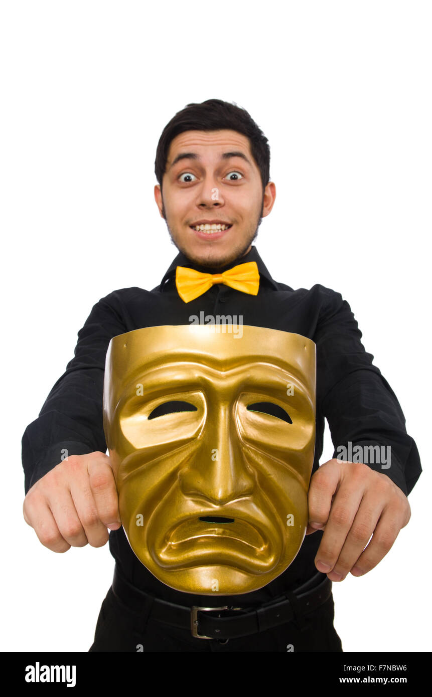 Young man with golden Venetian mask isolated on white Stock Photo - Alamy