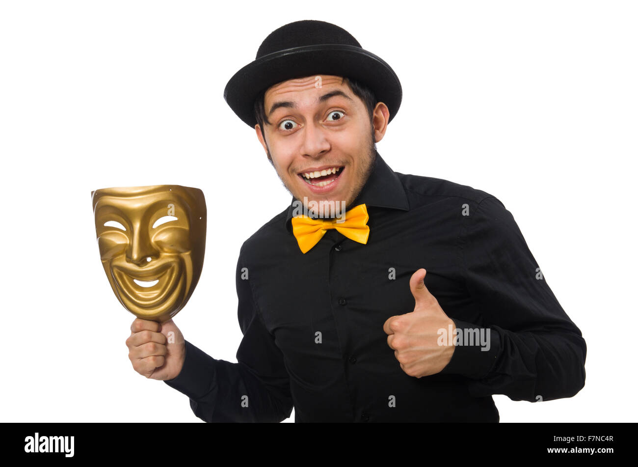 Young man with golden Venetian mask isolated on white Stock Photo - Alamy