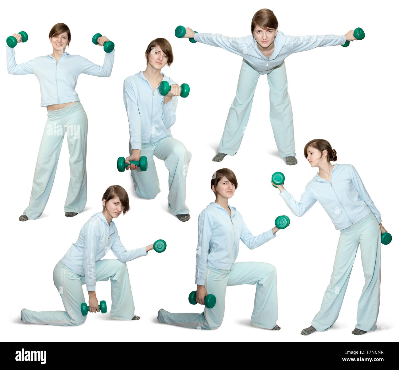 girl in blue activewear doing fitness exercises with barbell Stock ...