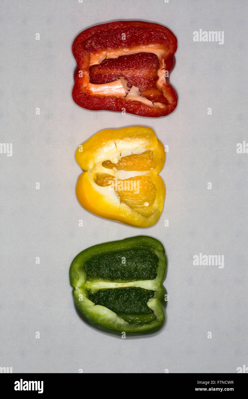Bell Peppers cut and lined up to resemble UK traffic light formation ...